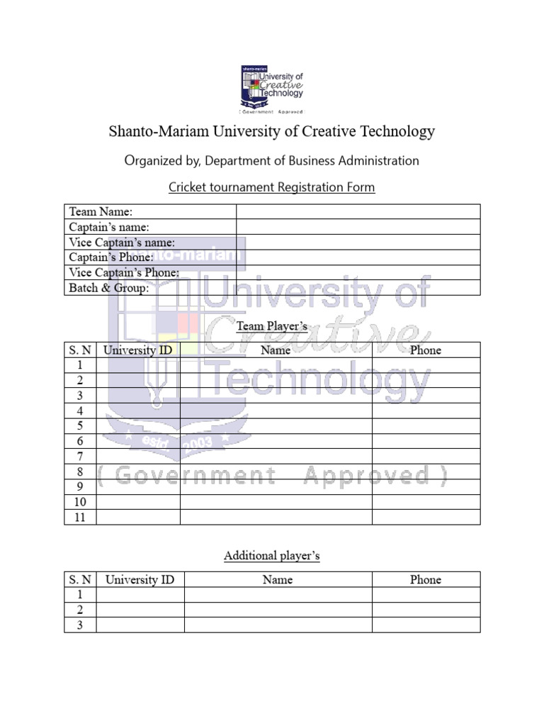 BBA Cricket Tournament Form | PDF