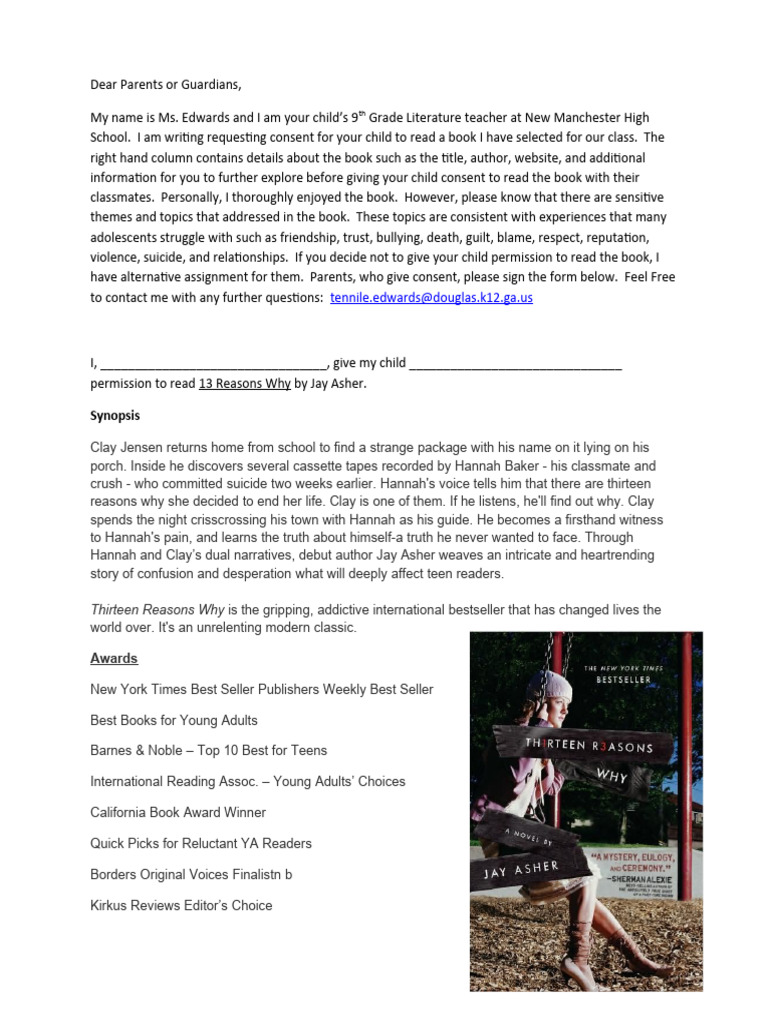 13 Reasons Parent Letter | PDF