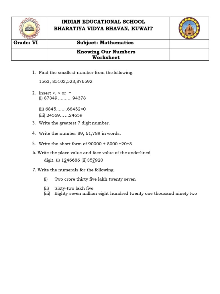Class 6 Maths: Knowing Our Numbers Worksheet | PDF