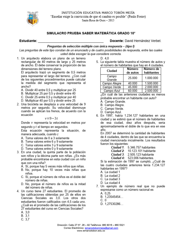 Simulacro. Decimo Grado | PDF | Velocidad