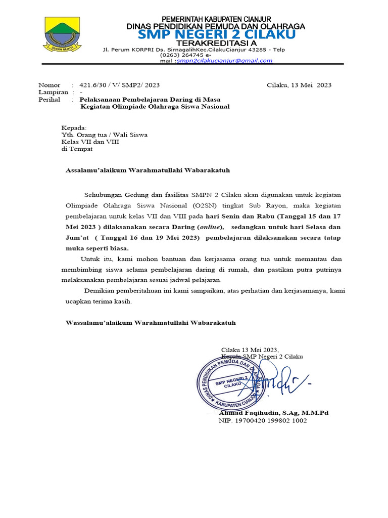 Surat Pemberitahuan Belajar Daring O2SN | PDF