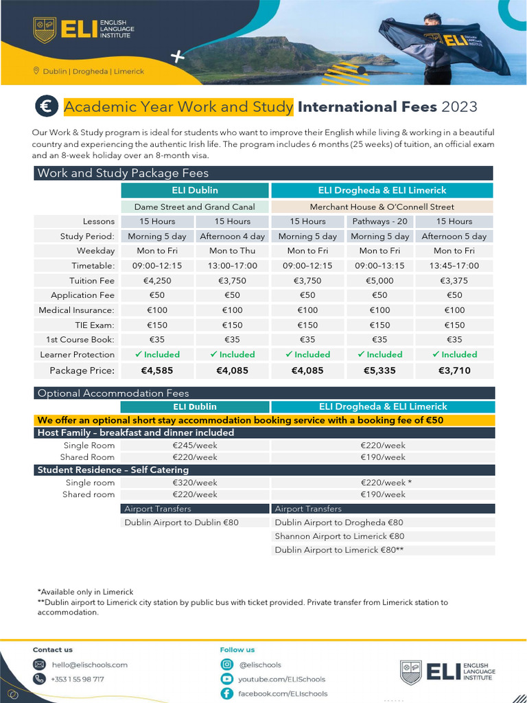 ELI Schools Work and Study Program Fees 2023 International Fees | PDF ...
