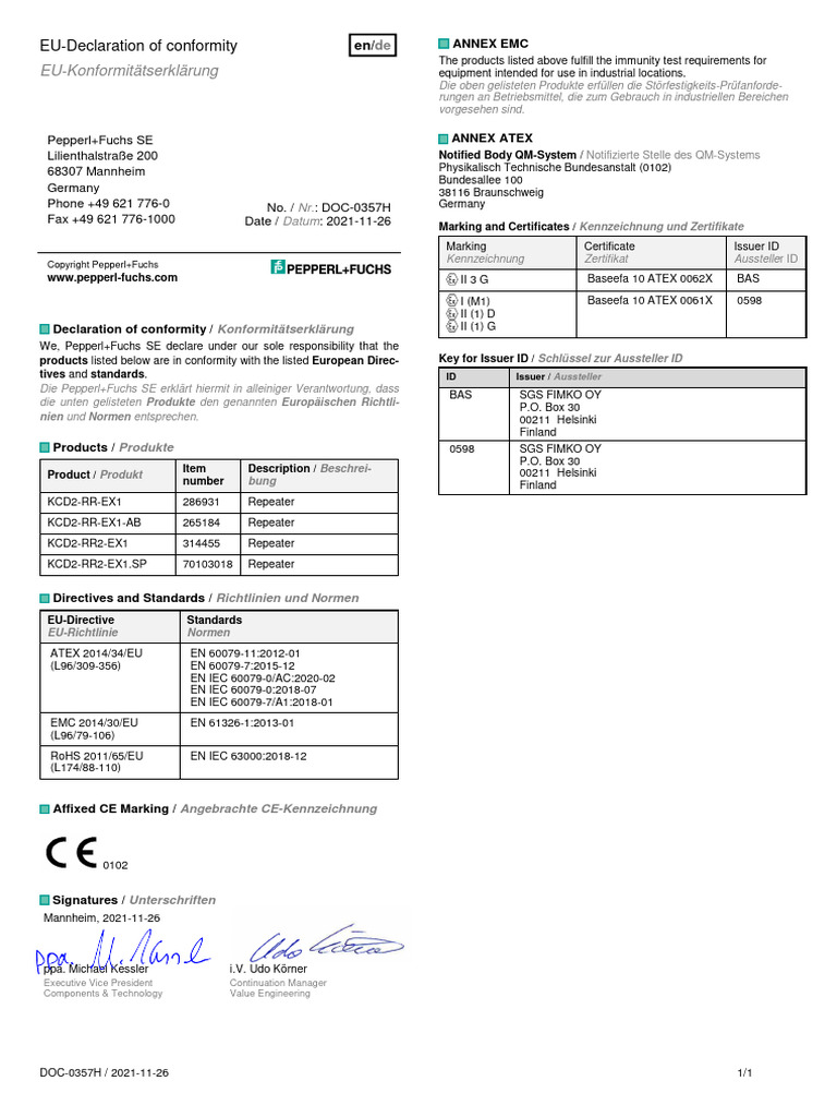 Certificat CE Barrière KCD2-RR-Ex1 | PDF