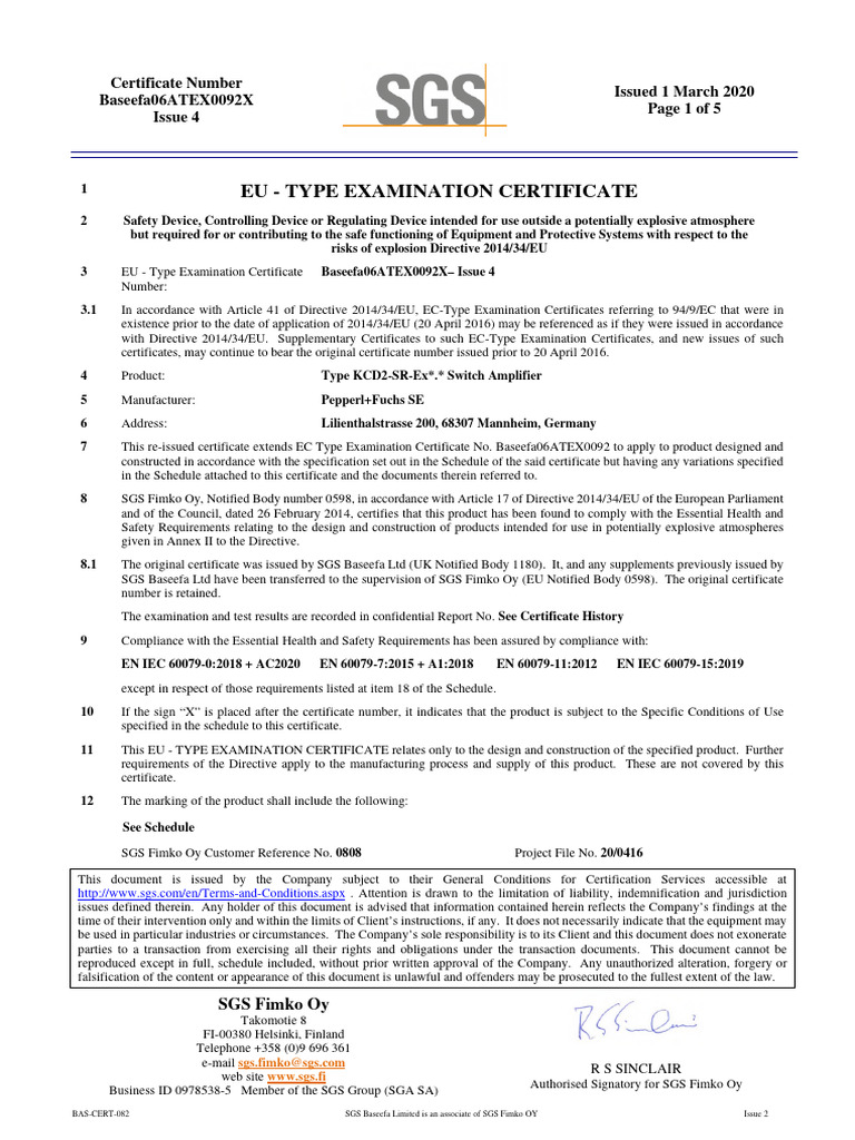 ATEX Certificate for KCD2-SR-Ex Amplifier | PDF | Electrical ...