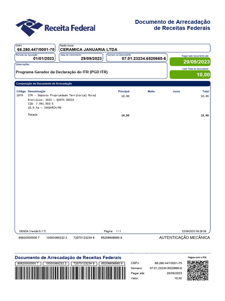 ITR 2023 ORIGI Darf New | PDF | Impostos | Finanças Governamentais