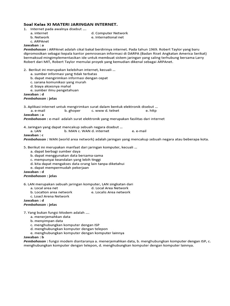 Soal Kelas XI MATERI JARINGAN INTERNET. 1. Internet Pada Awalnya ...