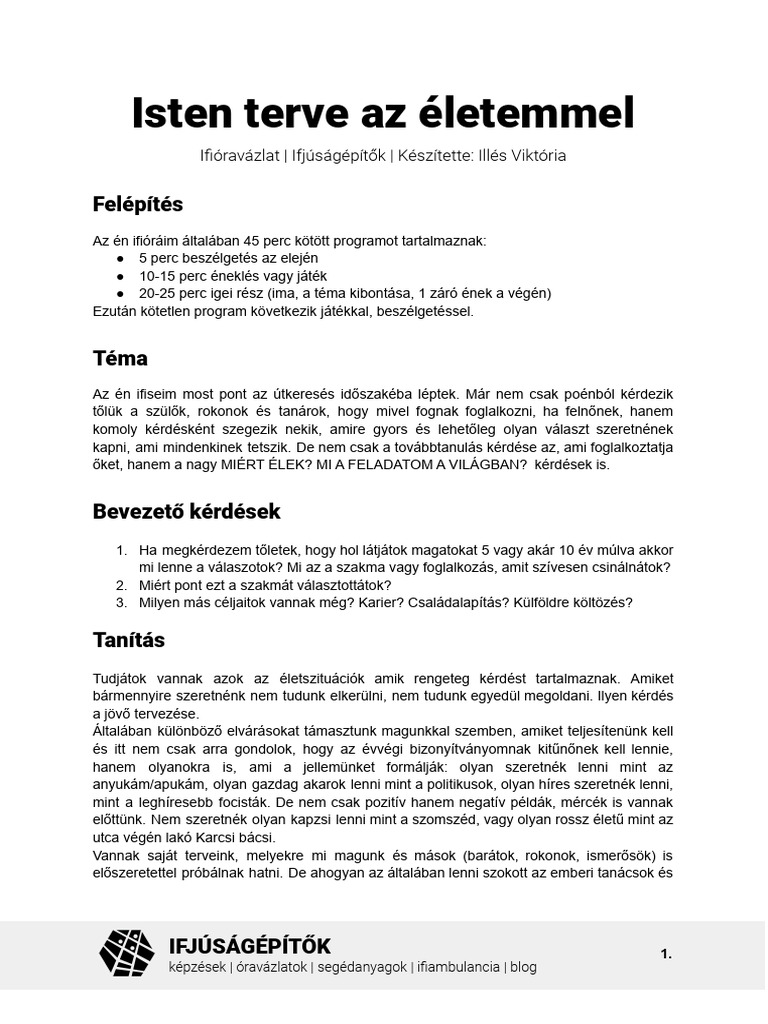 Ifjusagepito Ifioravazlat Isten Terve Az Eletemmel | PDF