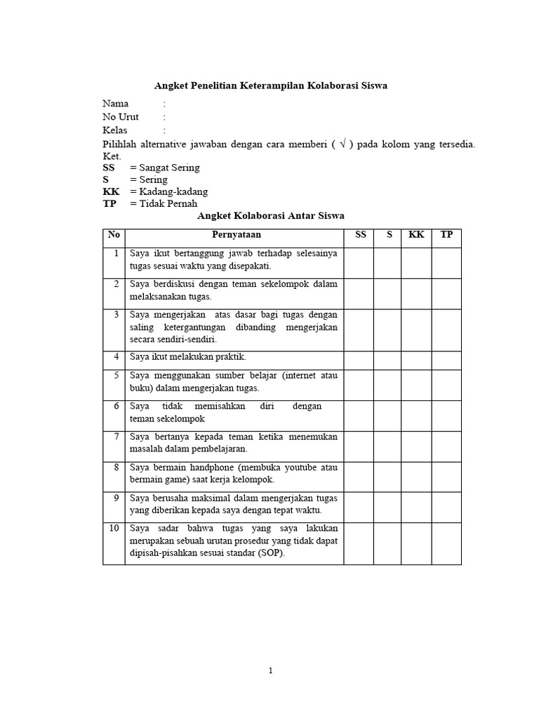 Angket Penelitian Keterampilan Kolaborasi Siswa | PDF
