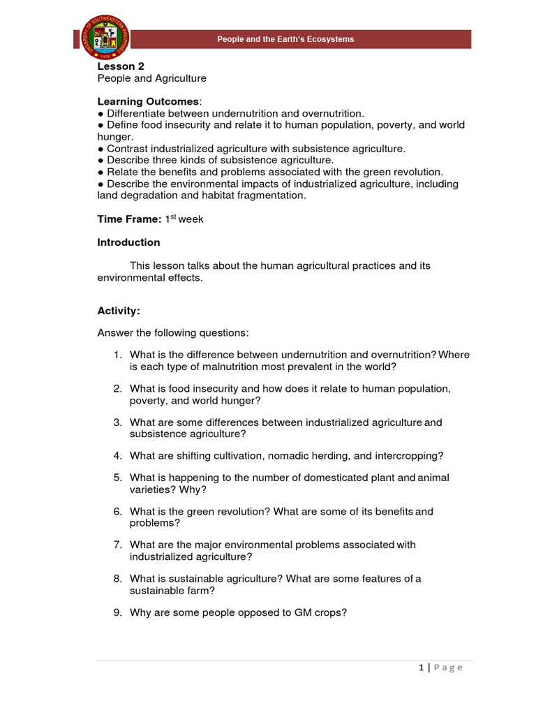 M2 Lesson 2 People and Agriculture | PDF | Agriculture | Malnutrition