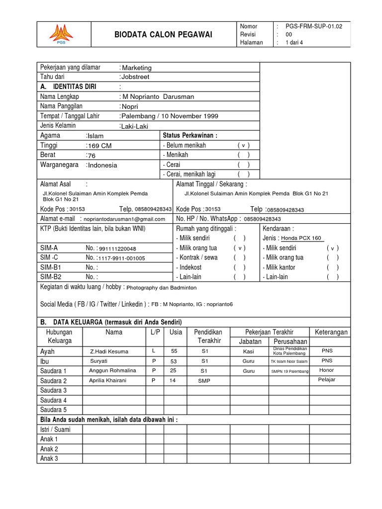 Application Form PT PGS | PDF