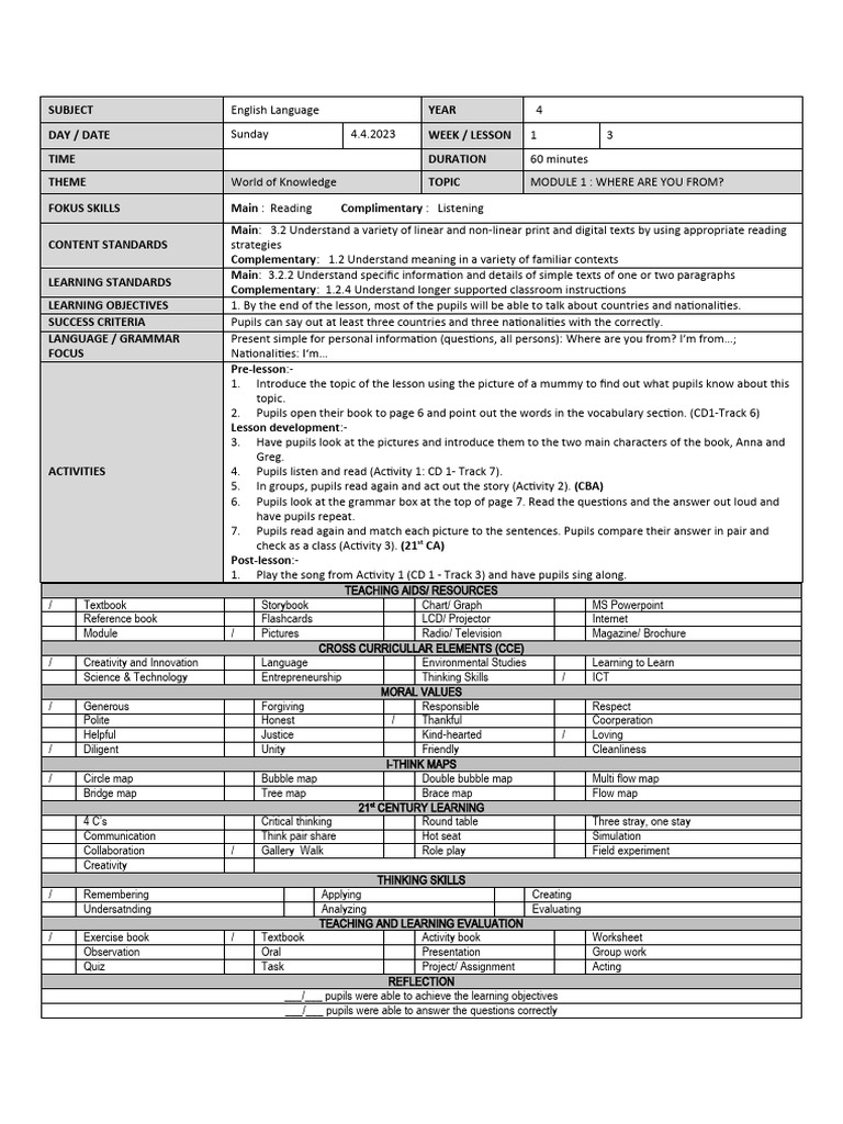 English Year 4 Lesson Plan | PDF | Learning | Human Communication