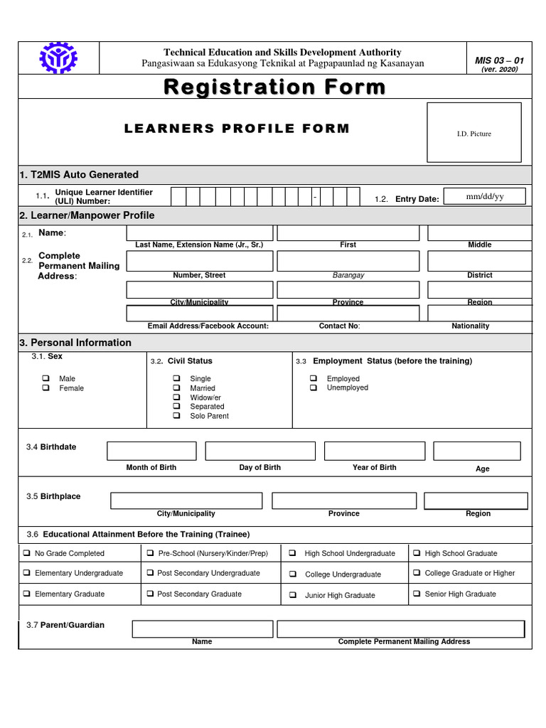 MIS0301v2020 - UPDATED LEARNERS PROFILE FORM | PDF | Disability