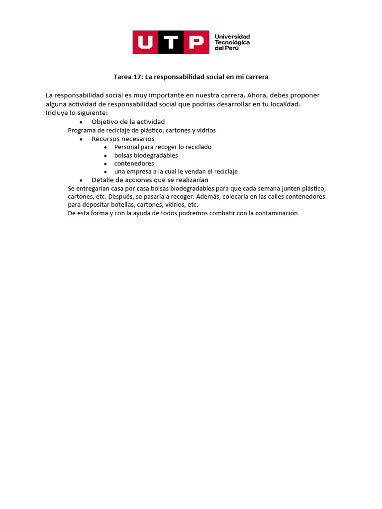 Tarea 17 La Responsabilidad Social en Mi Carrera Resuelto | PDF