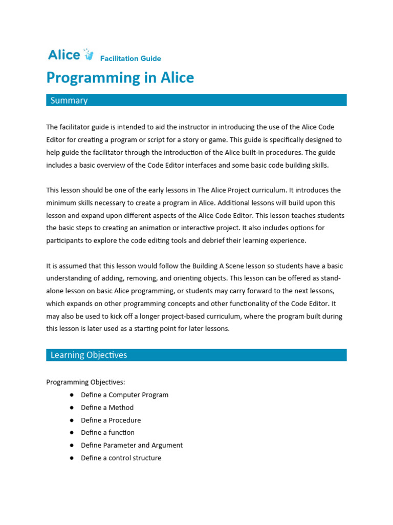 Programming In Alice Facilitation Guide Pdf Parameter Computer Programming Programming