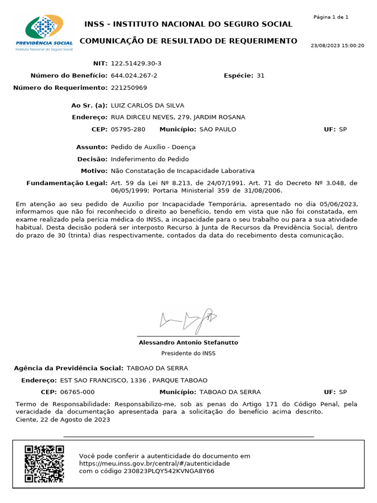 Inss - Instituto Nacional Do Seguro Social Comunicação de Resultado de ...