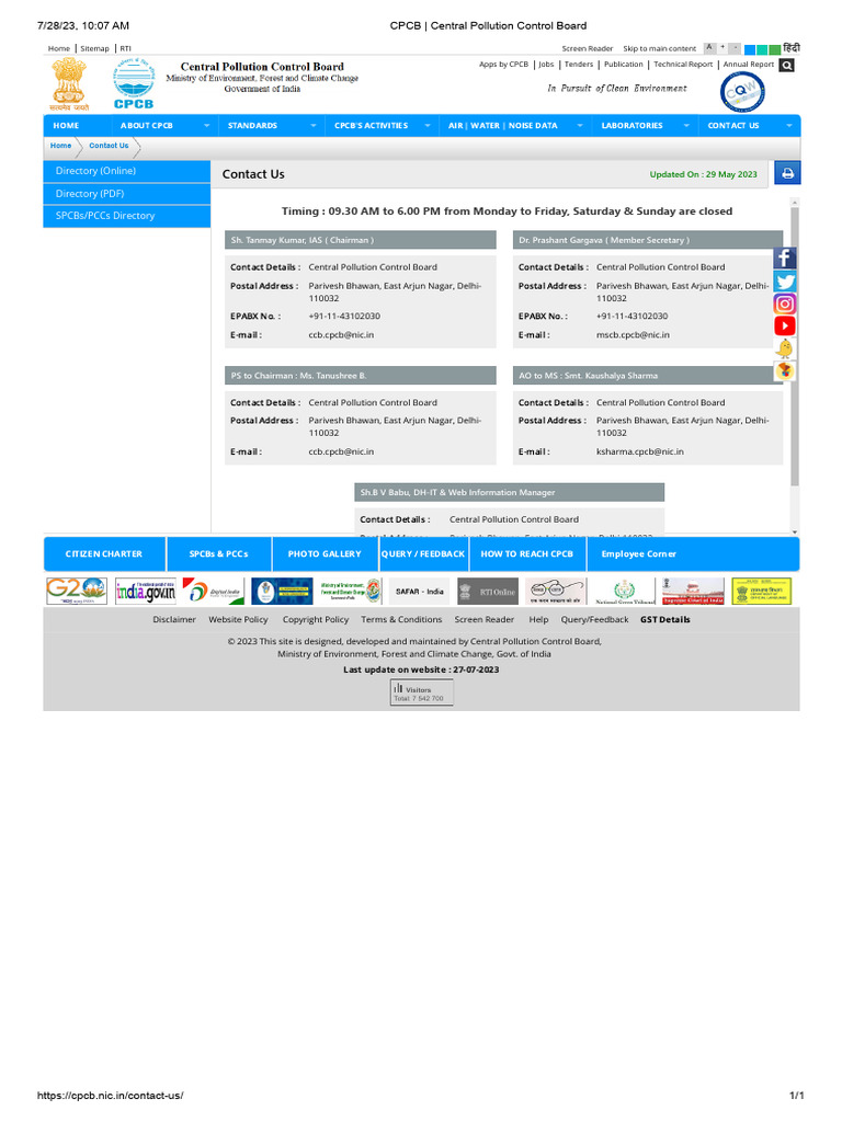 CPCB - Central Pollution Control Board Contacts | PDF