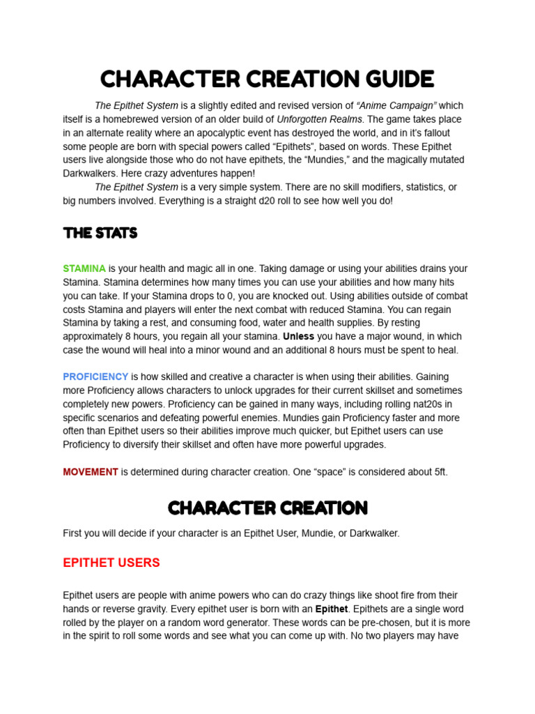 Epithet System: Character Creation Guide (Reddit) | PDF