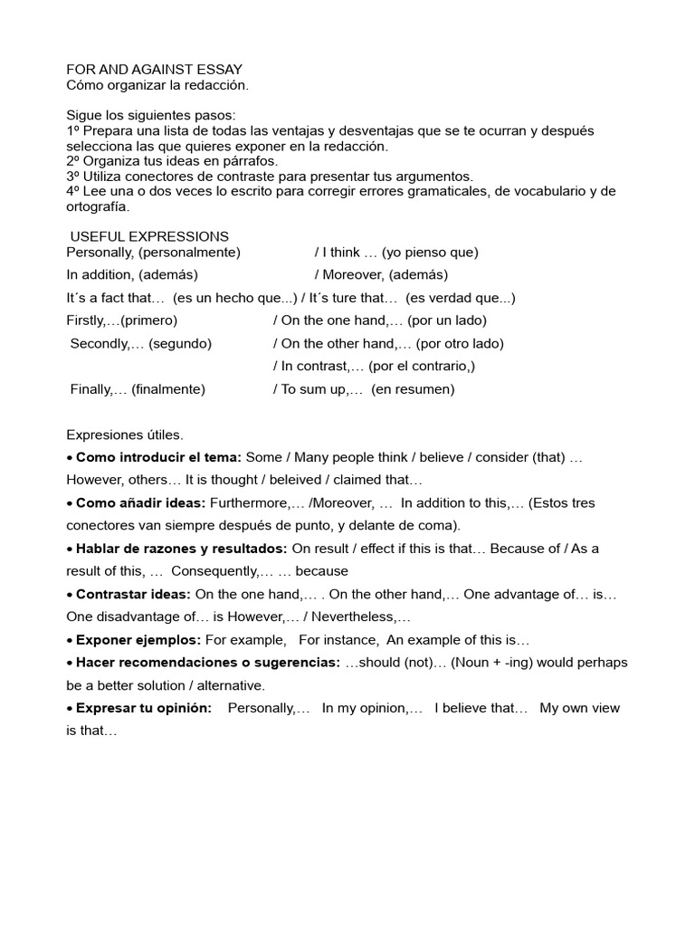 For and Against Essay Sample | PDF