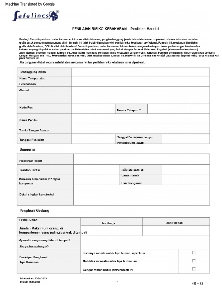 Free Fire Risk Assessment Form | PDF
