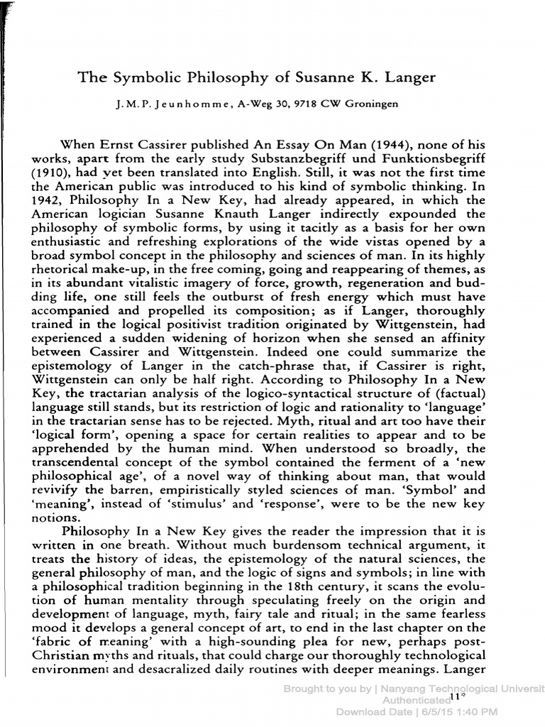 The Symbolic Philosopy of Susanne K. Langer by J. M. P. Jeunhomme | PDF | Experience | Concept