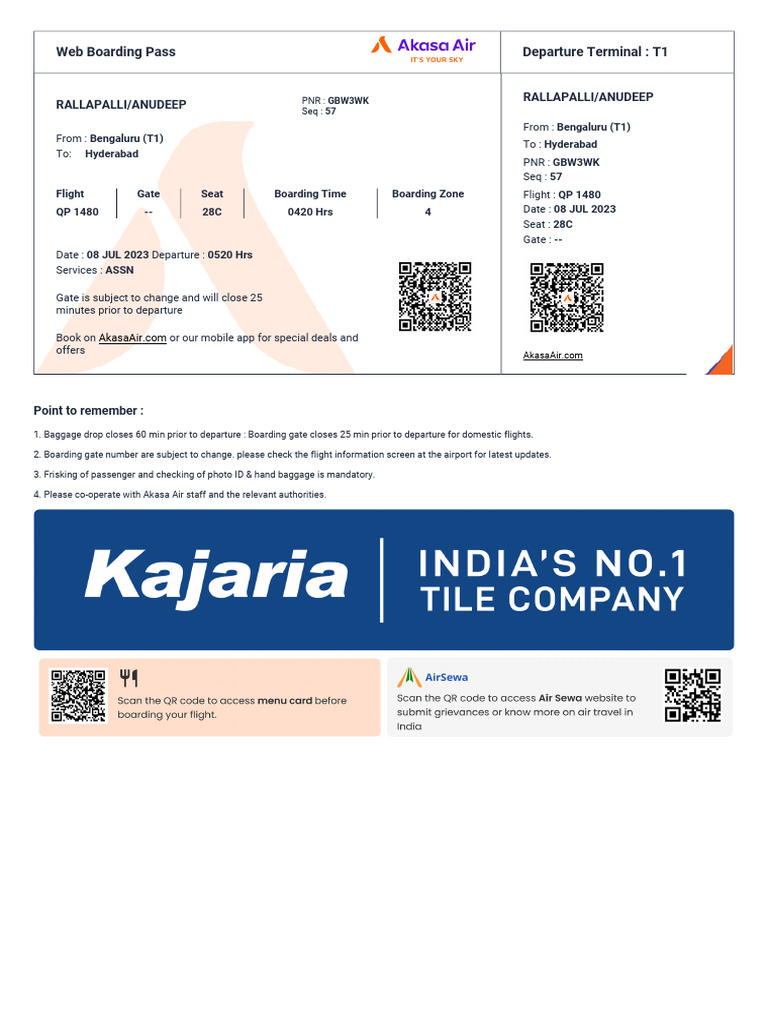 Akasa Air E-Boarding Pass - GBW3WK - Anudeep | PDF