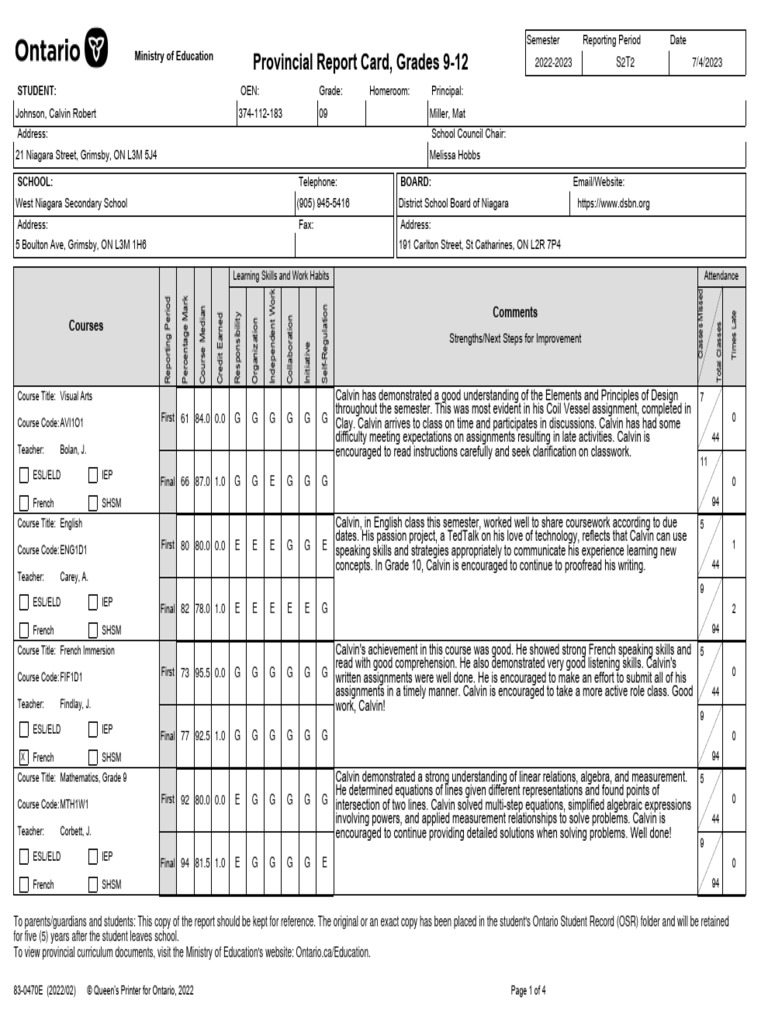 Grade 9 Report Card - Calvin Johnson | PDF | Learning | Cognition
