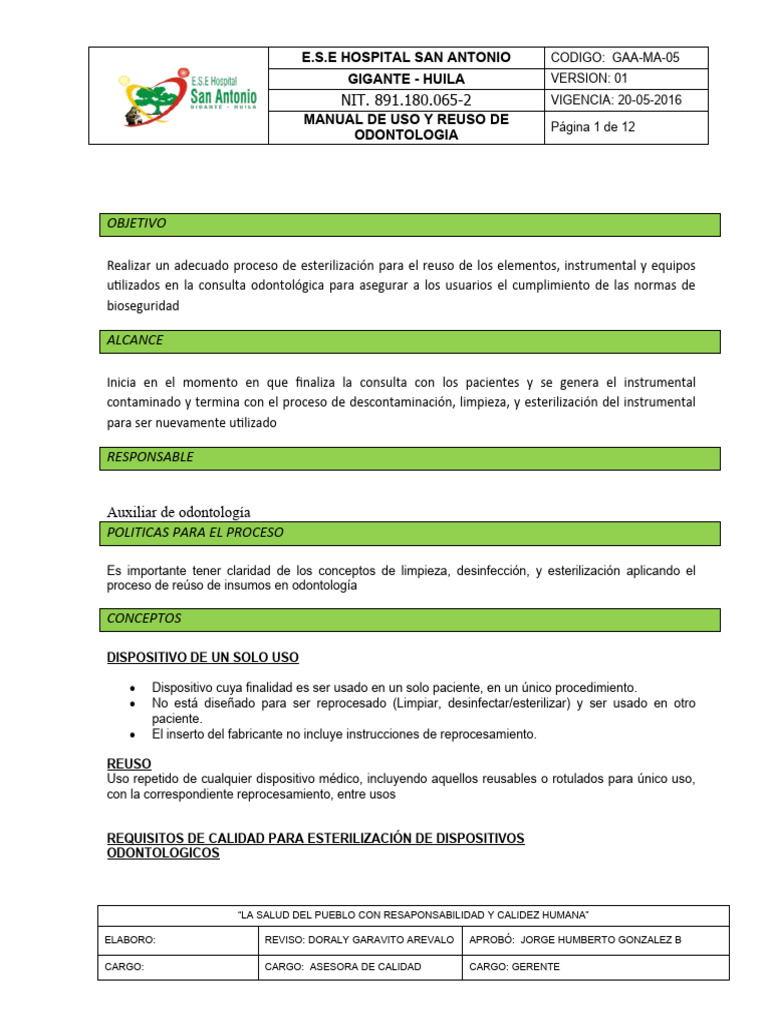 GAA-MA-05 Manual de Uso y Reuso Odontologia | PDF | Residuos | Dispositivo médico