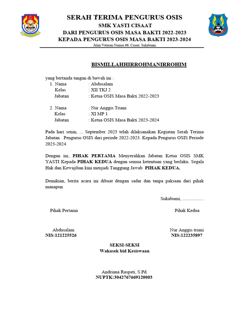 Surat Sertijab Osis | PDF