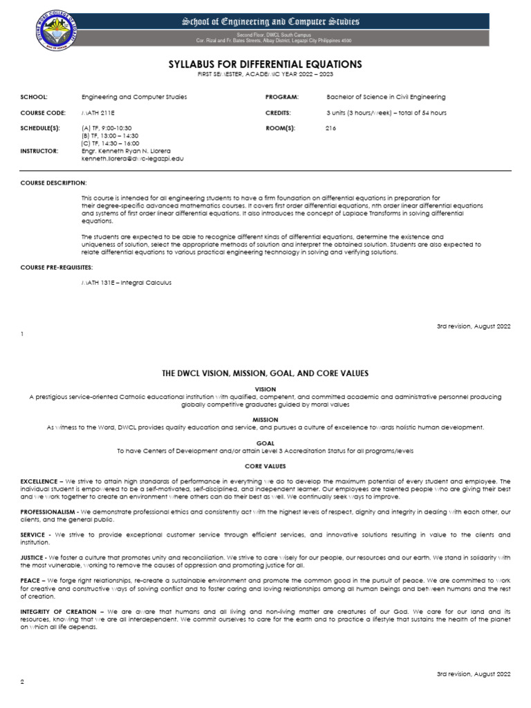 Differential Equations Syllabus 2022-2023 | PDF | Differential ...
