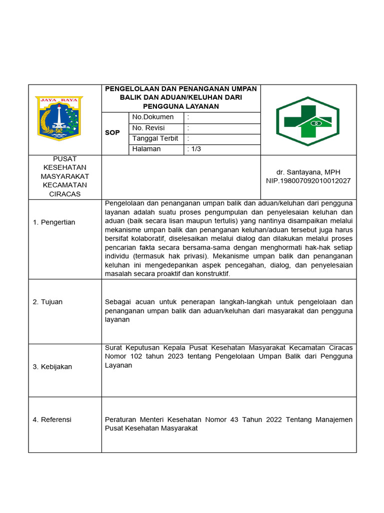 SOP Umpan Balik Puskesmas Ciracas | PDF | Bisnis