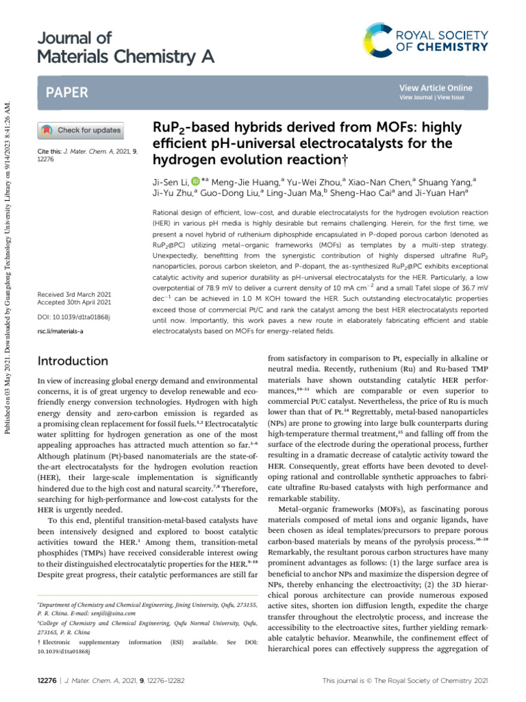 RuP2-based Hybrids Derived From MOFs - Highly Efficient Ph-Universal ...