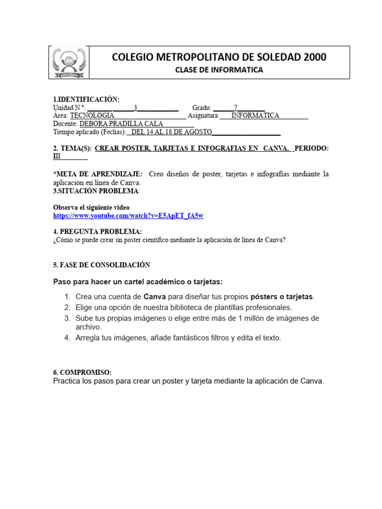 Clase de Informatica 7° - Crear Poster o Tarjetas en Canva | PDF