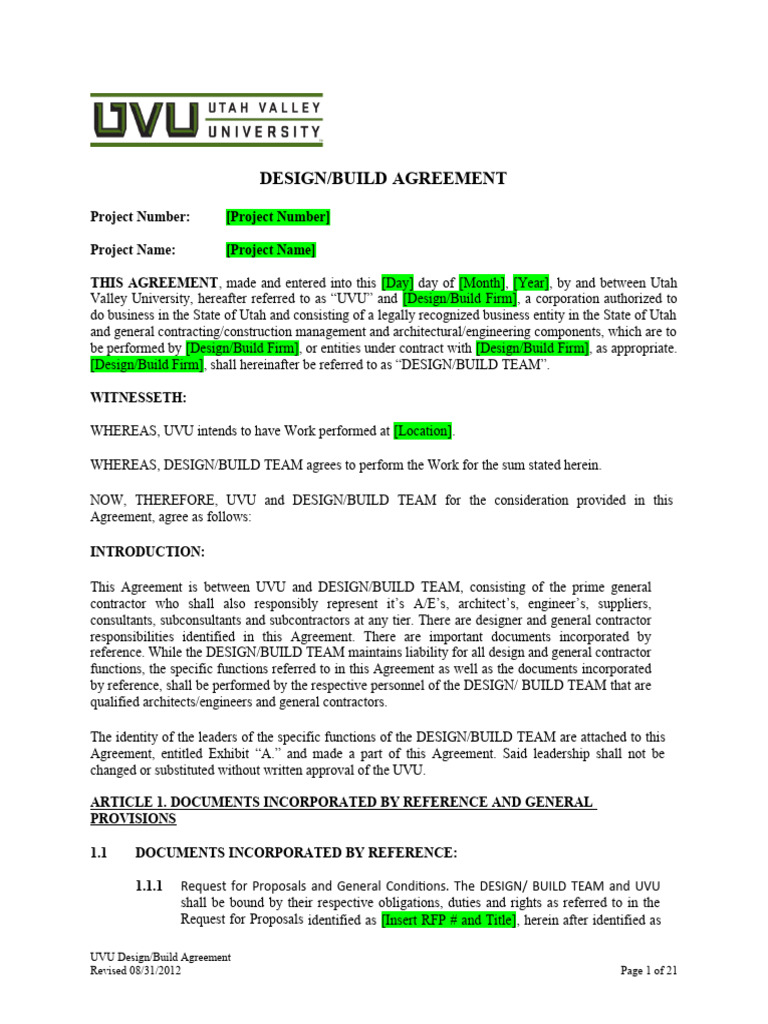 UVU Design/Build Agreement Overview | PDF | Indemnity | Insurance