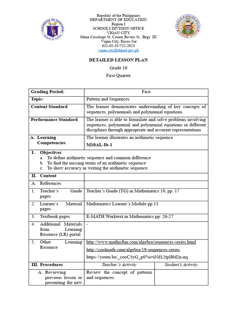 Detailed Lesson Plan On Arithmetic Sequence | PDF | Rectangle | Learning