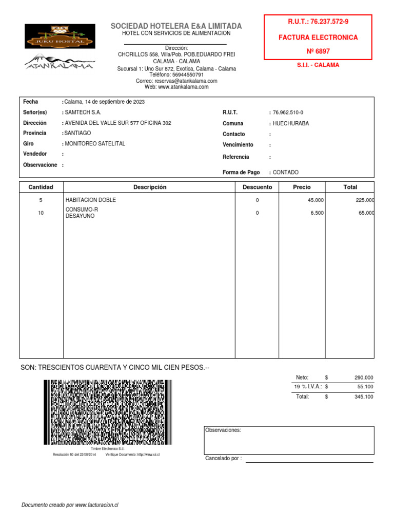 Factura Alojamiento Calama 08-09-2023 | PDF