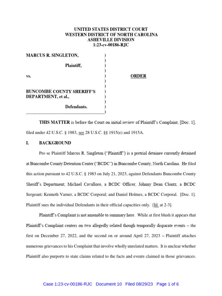 Singleton Order | PDF | Complaint | Lawsuit