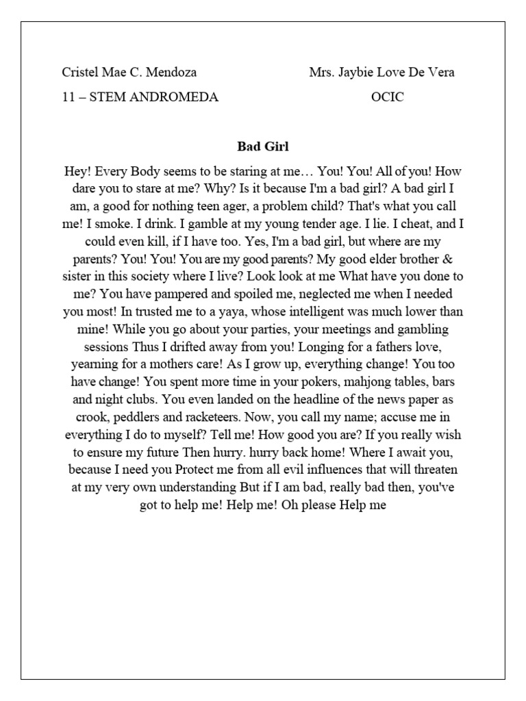 Bad Girl Declamation Script | PDF