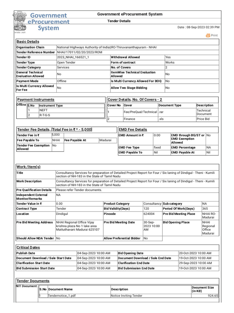 DPR NH 183 Dgl-Theni - Kumuli | PDF | Business | Economies