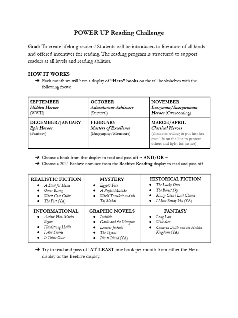 Power Up Reading Challenge Info Sheet | PDF | Hero