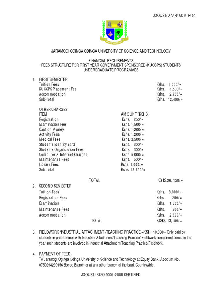 JOOUST Fees Structure Kuccps Students | PDF | Fee | Payments