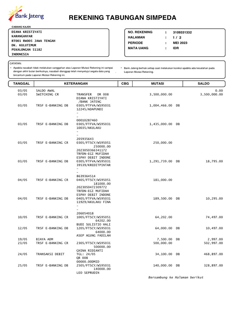 Rekening Koran Bank | PDF