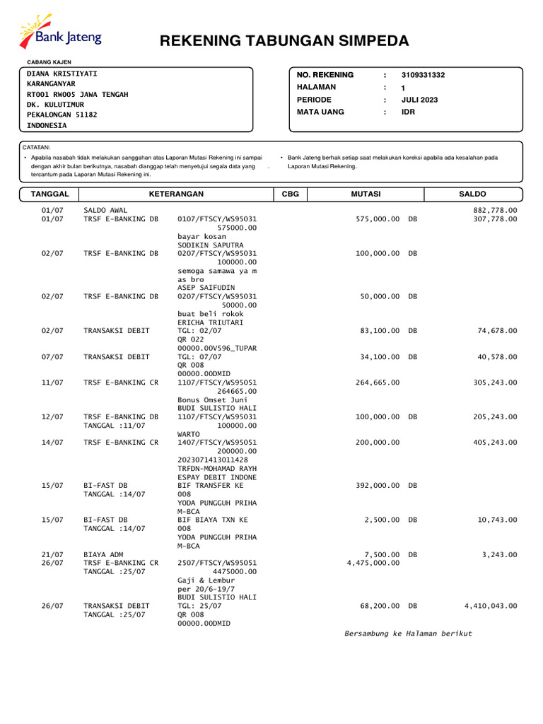 Rekening Koran Bank | PDF