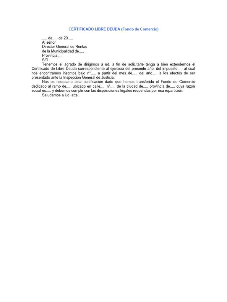 Certificado Libre Deuda (Fondo de Comercio) | PDF