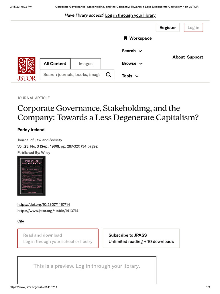Corporate Governance, Stakeholding, and The Company - Towards A Less ...