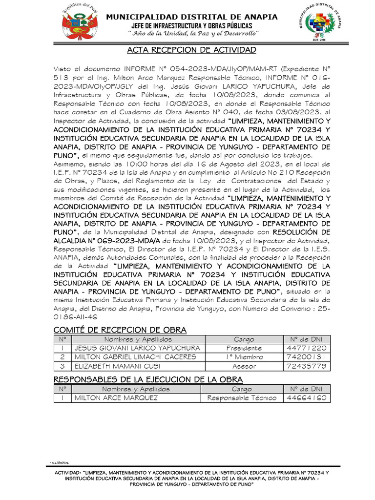Acta de Recepcion de Actididad | PDF | Gobierno Acta de Recepcion de Actididad | PDF | Gobierno