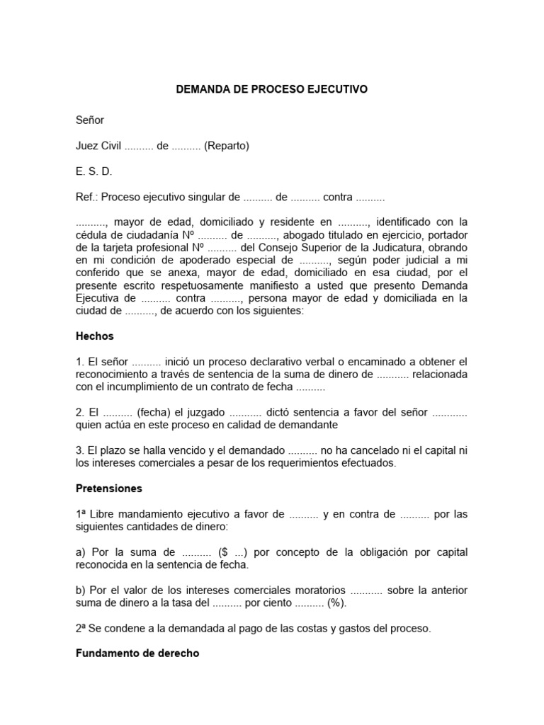 MODELO DEMANDA DE PROCESO EJECUTIVO | PDF | Demanda judicial | Sentencia (ley)