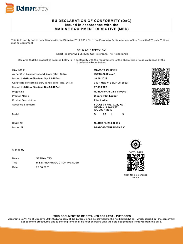 153-2Q-GLR.D.153 Deck (Pilot Ladder) BRABO CERT | PDF