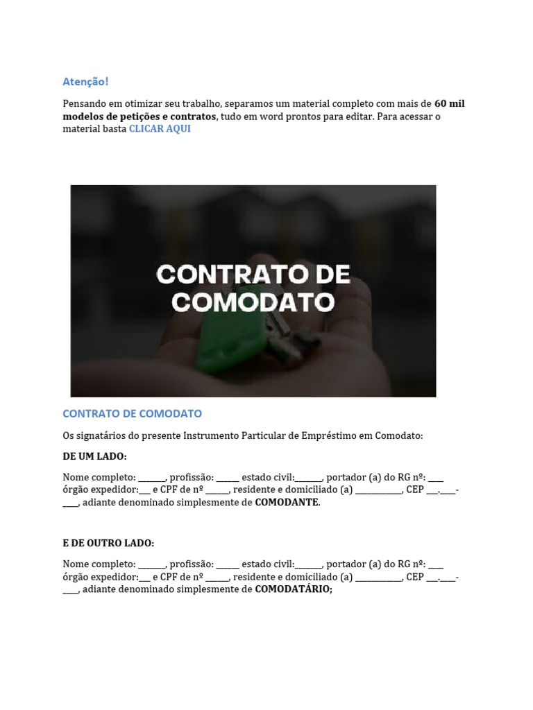 Modelo de Contrato de Comodato para Preencher Word | PDF