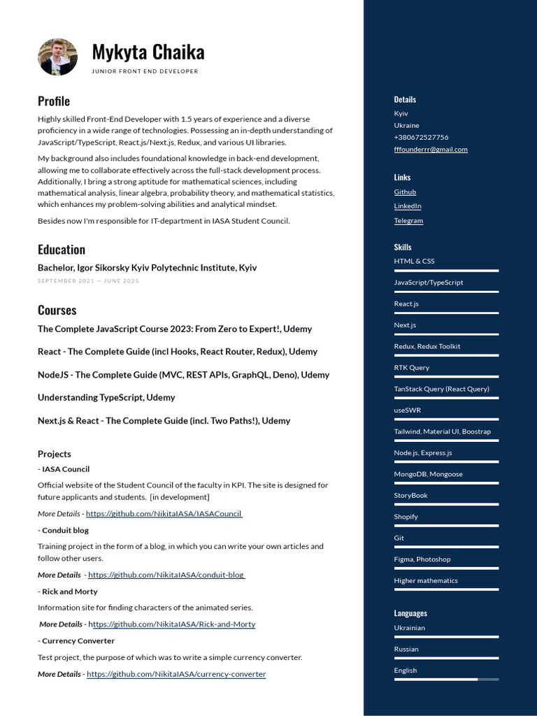Mykyta Chaika CV | PDF | Information Technology | Computer Programming