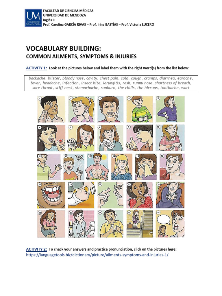 2021 - Medical English #1 COMMON AILMENTS, SYMPTOMS & INJURIES | PDF